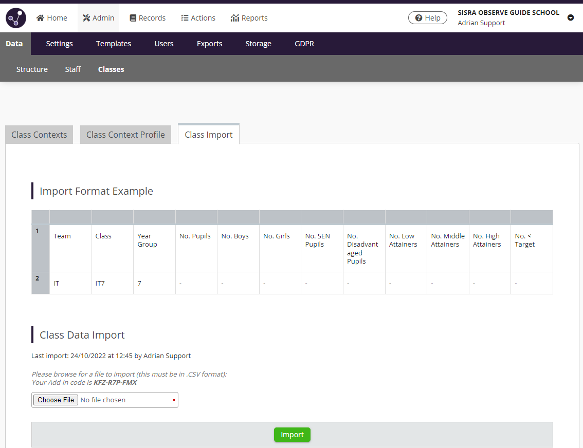 Sisra Observe: Importing Class Context Data (Admin) – Juniper Education (New)