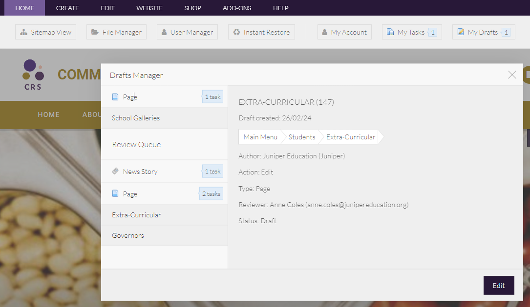 Juniper Websites: How do I open a draft webpage? – Juniper Education (New)
