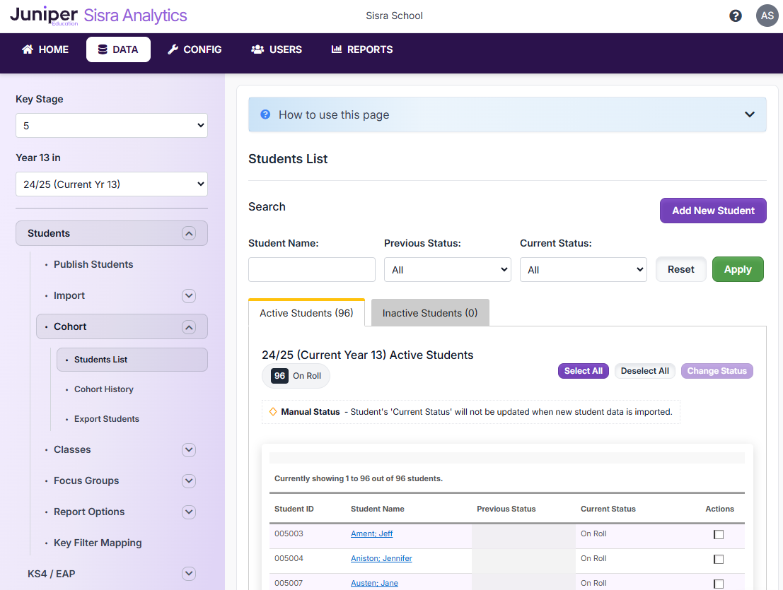 Sisra Analytics: KS5 - Student Statuses (Admin) – Juniper Education (New)