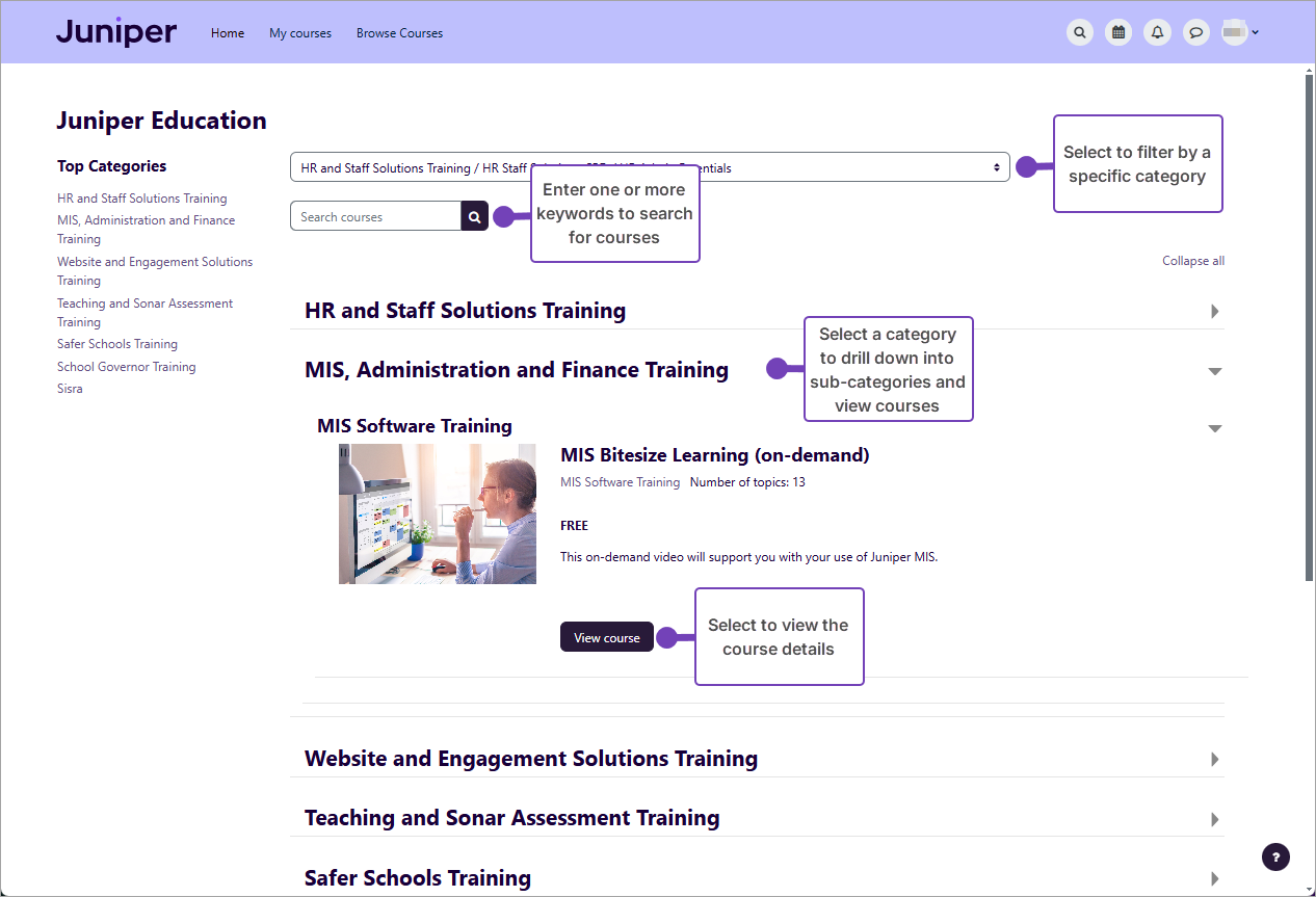 Juniper Training Centre: How do I view the available courses / browse available courses ...