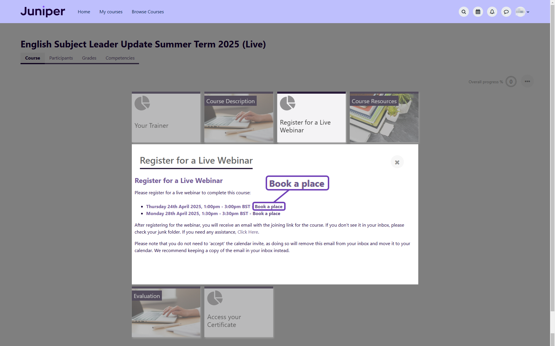 Juniper Training Centre: How do I register for a live webinar? – Juniper Education (New)