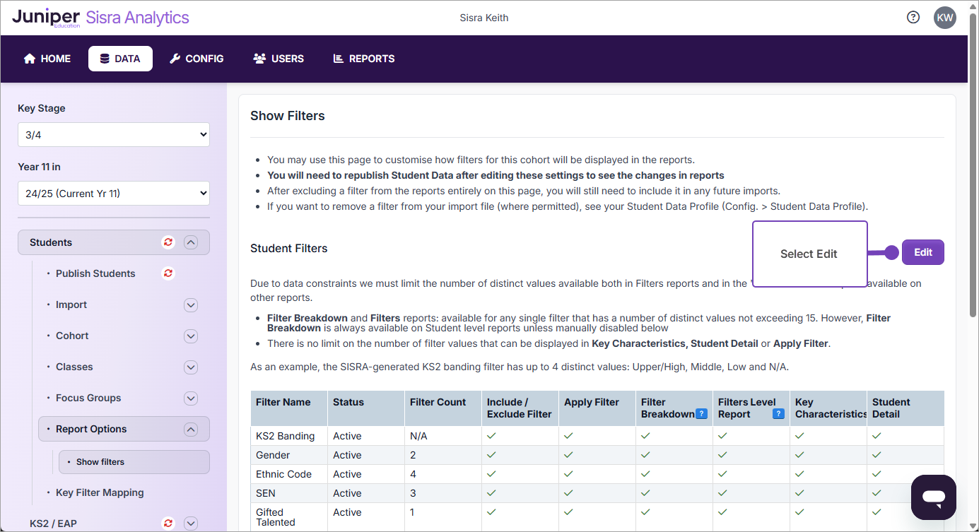 Sisra Analytics: How do I exclude student data filters from reports for ...
