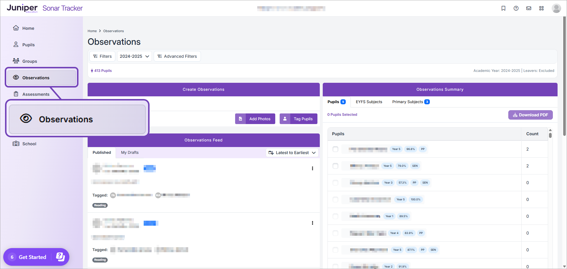 Sonar Tracker: How do I view all observations for my class? – Juniper Education (New)