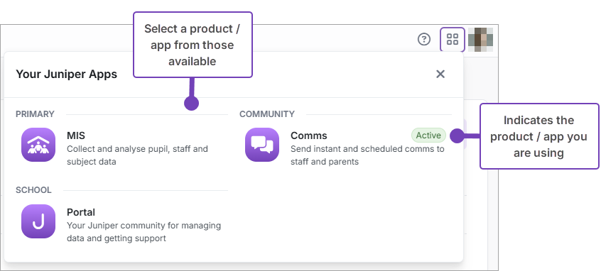 How do I switch between Juniper apps / products? – Juniper Education (New)