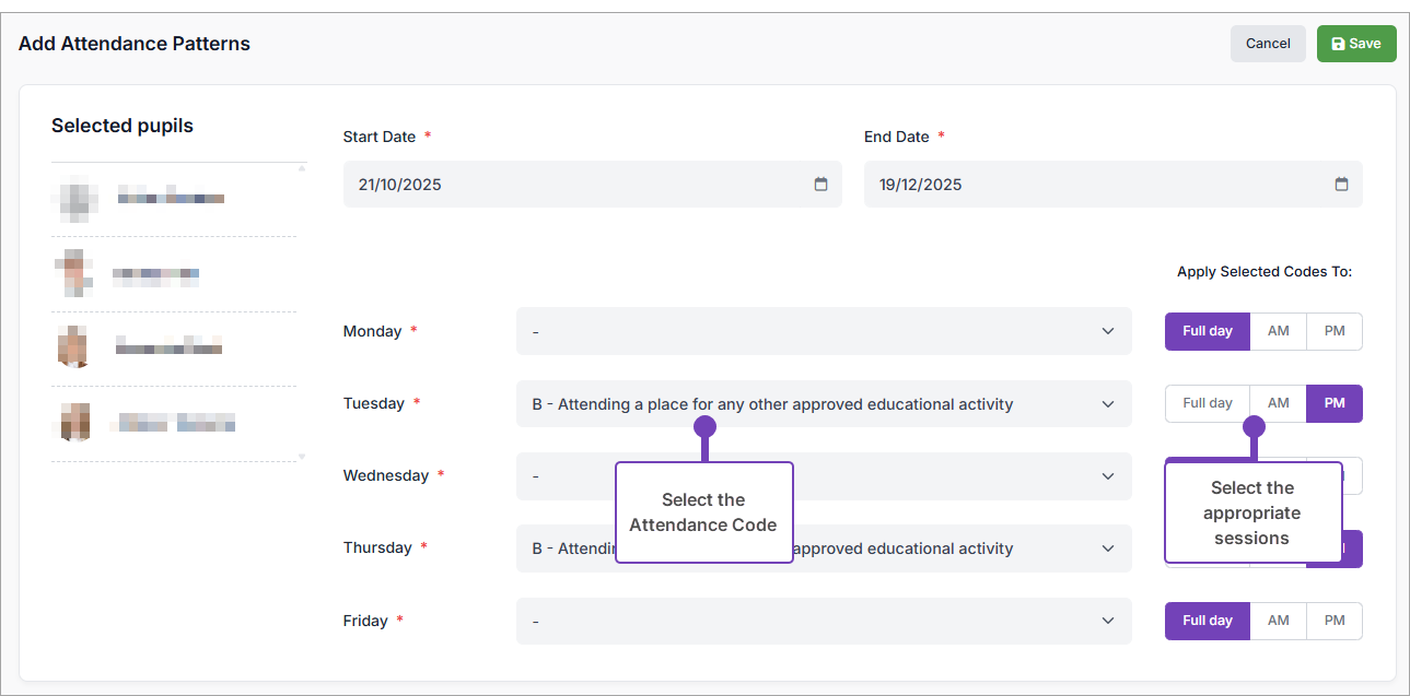 MIS: How do I add / edit an Attendance Pattern for one or more pupils ...