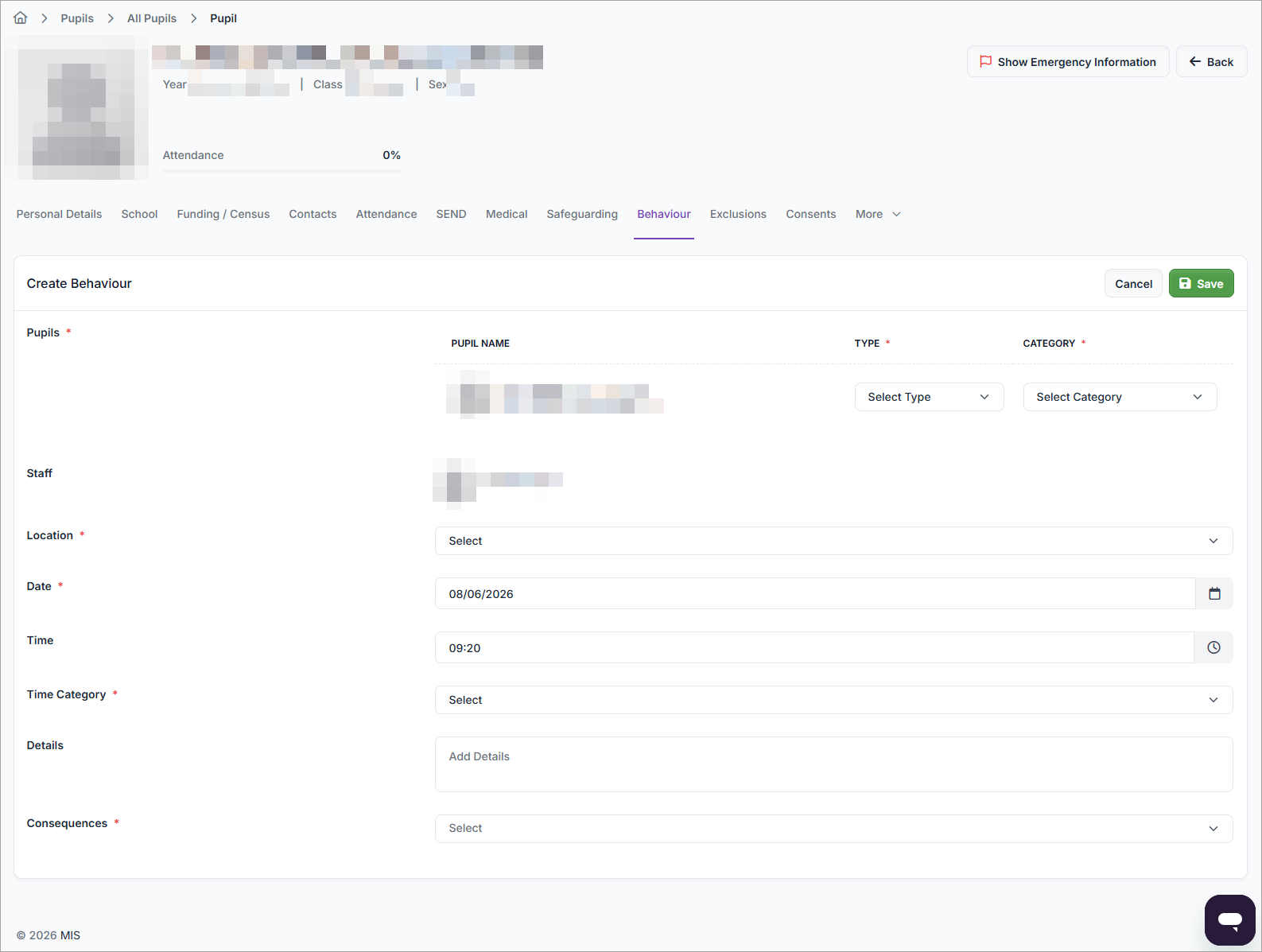 MIS: How do I record a Behaviour Incident for a pupil from their record ...